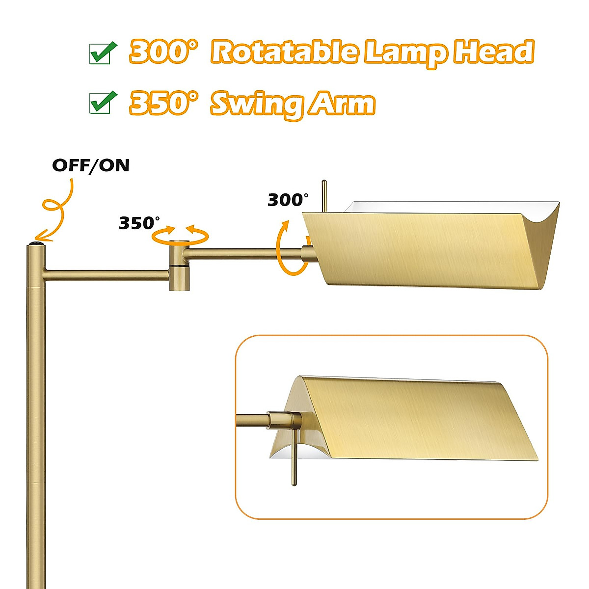 Mlambert Reading Floor Lamp,LED Pharmacy Lamp with Swing Arm,Swivel Head Adjustable Standing Lamp,E26 Base,Corner Lamp for Livingroom,Sewing(Brass)