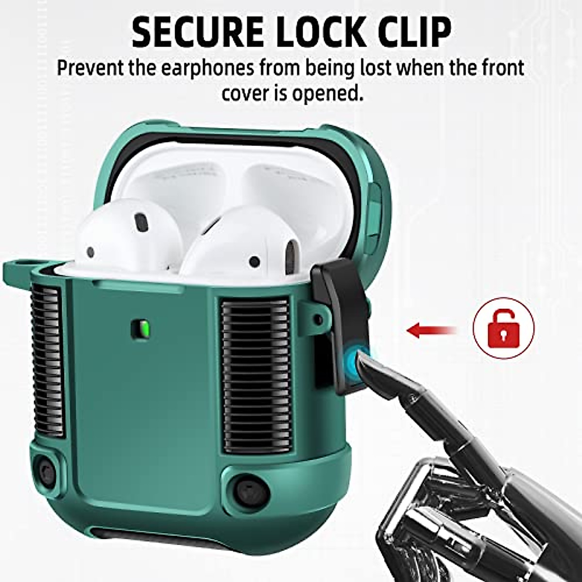 for AirPods 2nd Generation Case, Airpods Case with Secure Lock Clip Keychain for Men Women, AirPods 1&2 Cover Rugged Full Body Shockproof Hard Shell Protective Cases for Apple AirPods 2nd/1st-Green