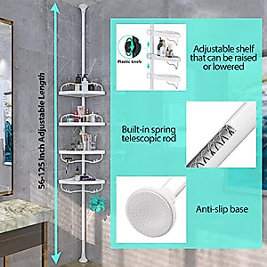 Sempicad Corner Shower Caddy,Rustproof Tension Shower Caddy with 4 ABS Baskets,Shower Storage Shelf with 56 to 125 Inch Adjustable Stainless Pole for Bathroom White