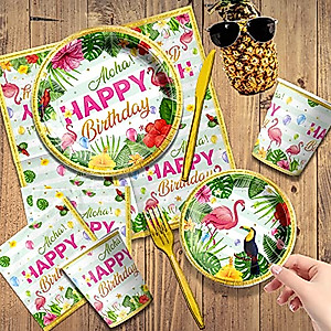 Luau Party Supplies,142pcs Aloha Birthday Tableware (Serves for 20) Hawaiian Theme Plates Cups Tablecloth Napkins for Tropical Birthday Party Decoration