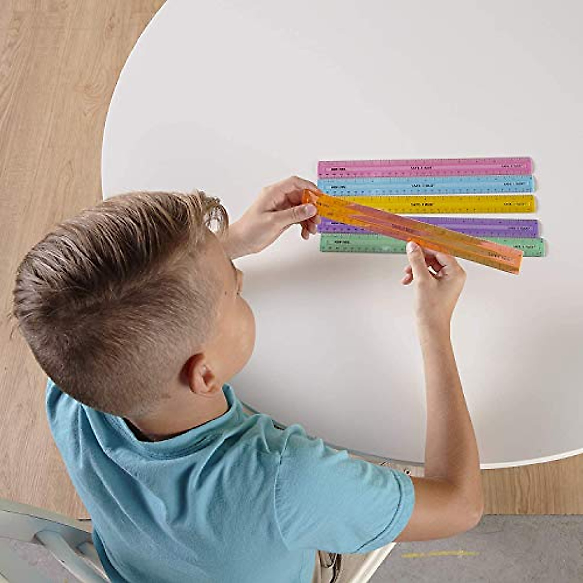 hand2mind 12 inch Multicolored, Transparent, Semiflexible Safe-T Plastic Rulers, Rainbow Clear Rulers for Kids, Flexible Ruler, Rulers for School, Unbreakable Rulers, Straight Edge Ruler (Pack of 48)