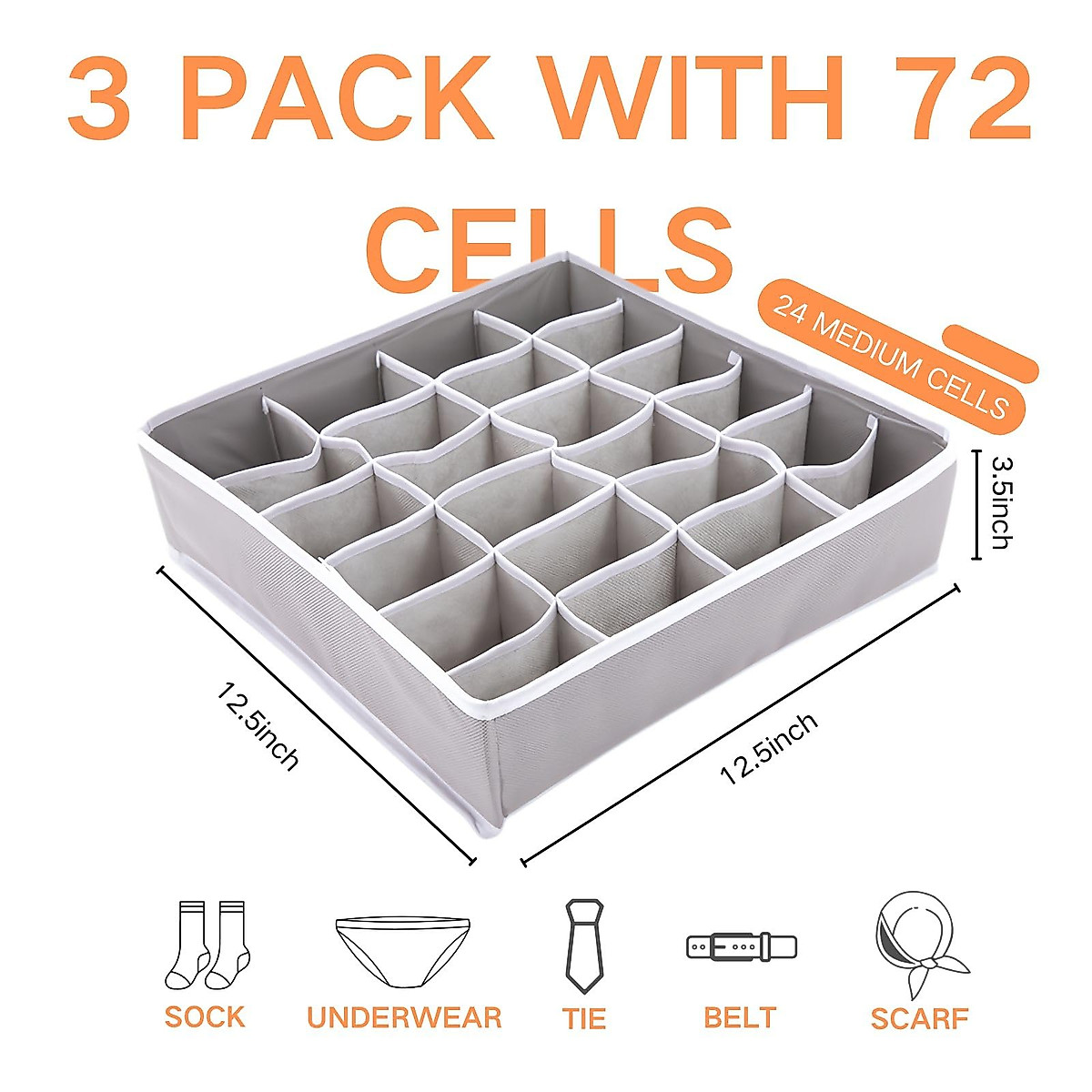 3 Sets of Sock and Underwear Storage Dividers, 72 Compartment Fabric Foldable Drawer Organizer, Closet Drawer Organization for Socks, Underwear, Belts and Ties (24+24+24 Cell, Light Gray)