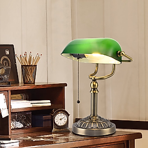 Rizzyluz Green Glass Bankers Desk Lamp, Vintage Desk Lamp with USB Charging Port, Traditional Farmhouse Table Lamp, Mid Century Desk Lamp Pull Chain for Home Office Library