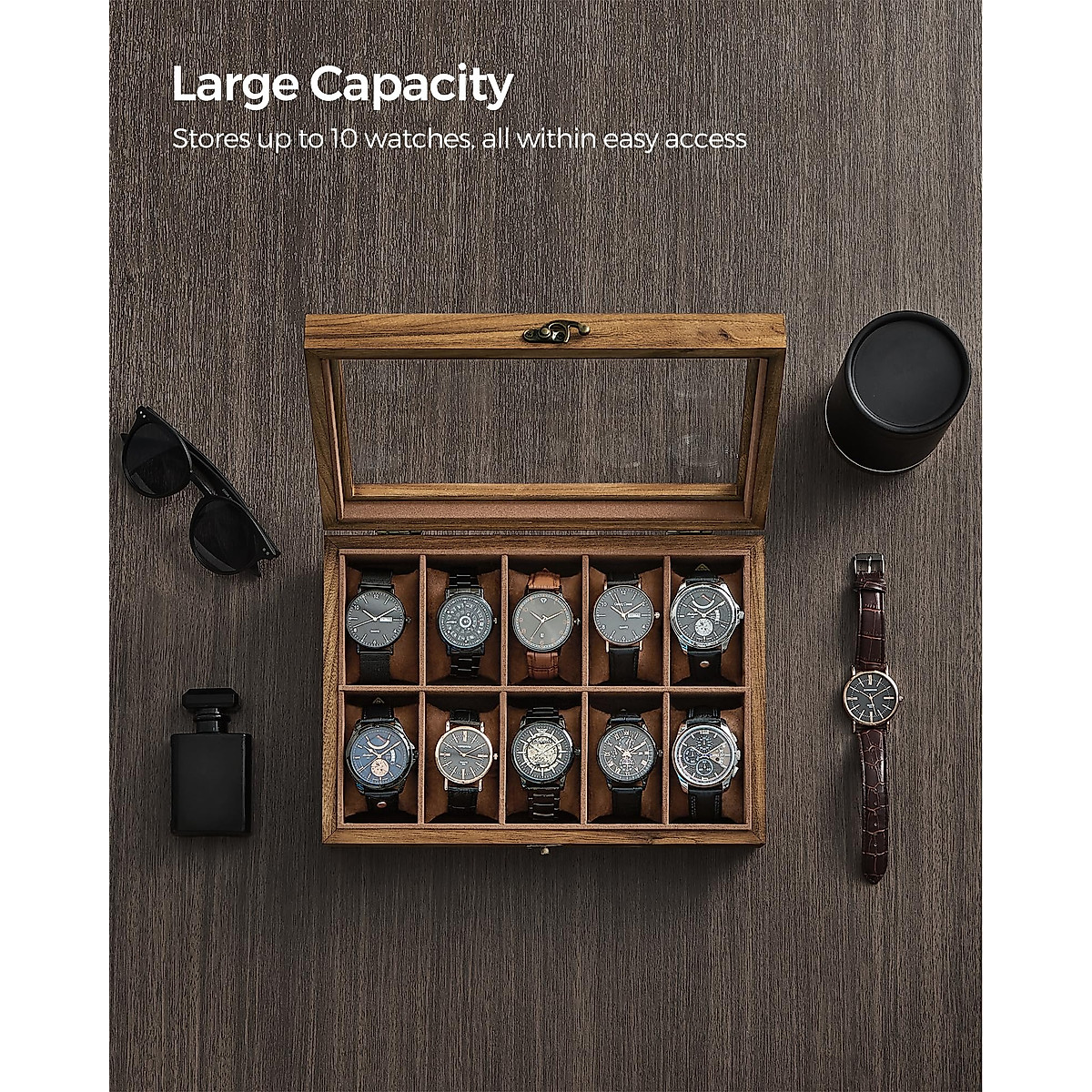 SONGMICS Watch Box, 10-Slot Watch Case, Solid Wood Watch Box Organizer with Glass Lid, Watch Display Case with Removable Pillows, Gift for Loved Ones, Rustic Walnut UJOW100K01