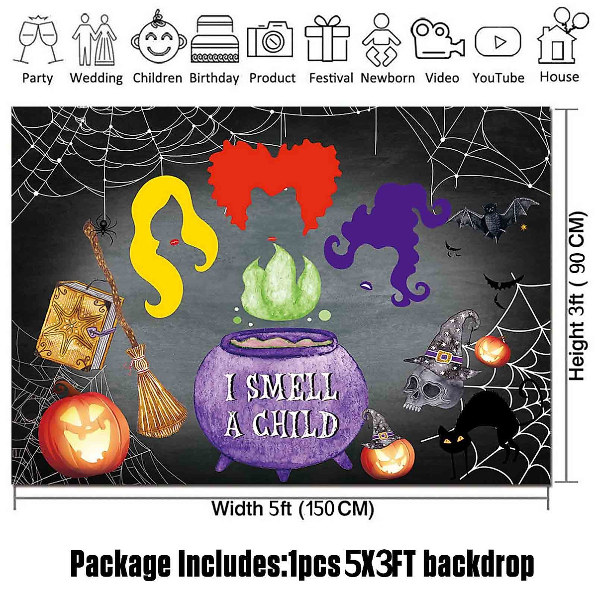 Drink Up Witches Theme Background 5x3ft Halloween I Smell a Child Photography Backdrop Baby Shower Kids Birthday Trick or Treat Party Decorations Boo Bats Pumpkin Dark Night Photo Booth Props