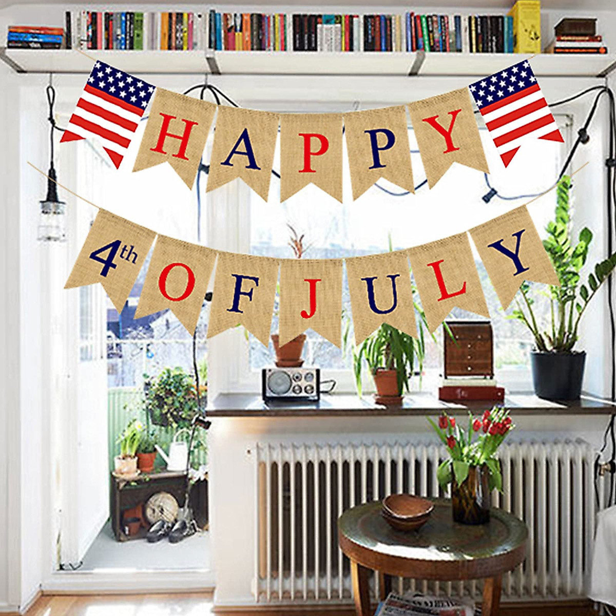 Whaline Happy 4th of July Banner Patriotic Burlap Bunting No DIY Required American Flag USA Banner Garland Independence Day Decoration for Home Party Mantel Fireplace Supplies