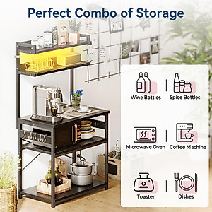 Casaottima Bakers Rack with Power Outlet & LED Lights, Coffee Bar with Storage 5-Tiers, Microwave Stand Kitchen Shelf 16.5 * 31.5 * 59 inches, Kitchen Coffee Rack, Black