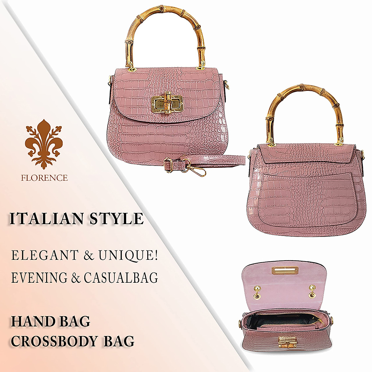 Women Handbag 100% Genuine Leather with Bamboo handle Crossbody bag Elegant bag Evening bag Gift for Women Handmade Made in Italy