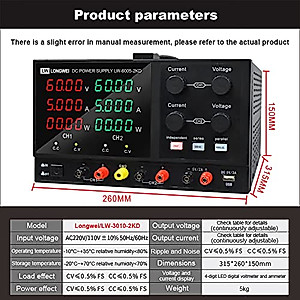 Lwlongwei 4 Channels DC Power Supply Variable, Tripple 60V 5A 2 * 300W Adjustable Switching Regulated DC Bench Power Supply with 4-Digits LED Power Display 5V/2A USB/DC Output Black