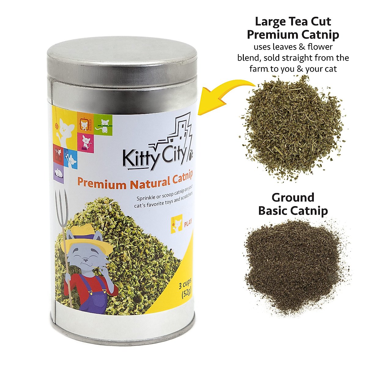 Kitty City Cat Premium Natural Catnip Tin, Premium Catnip Bag and 3-Pack, Catnip with Silvervine, Catnip Spray