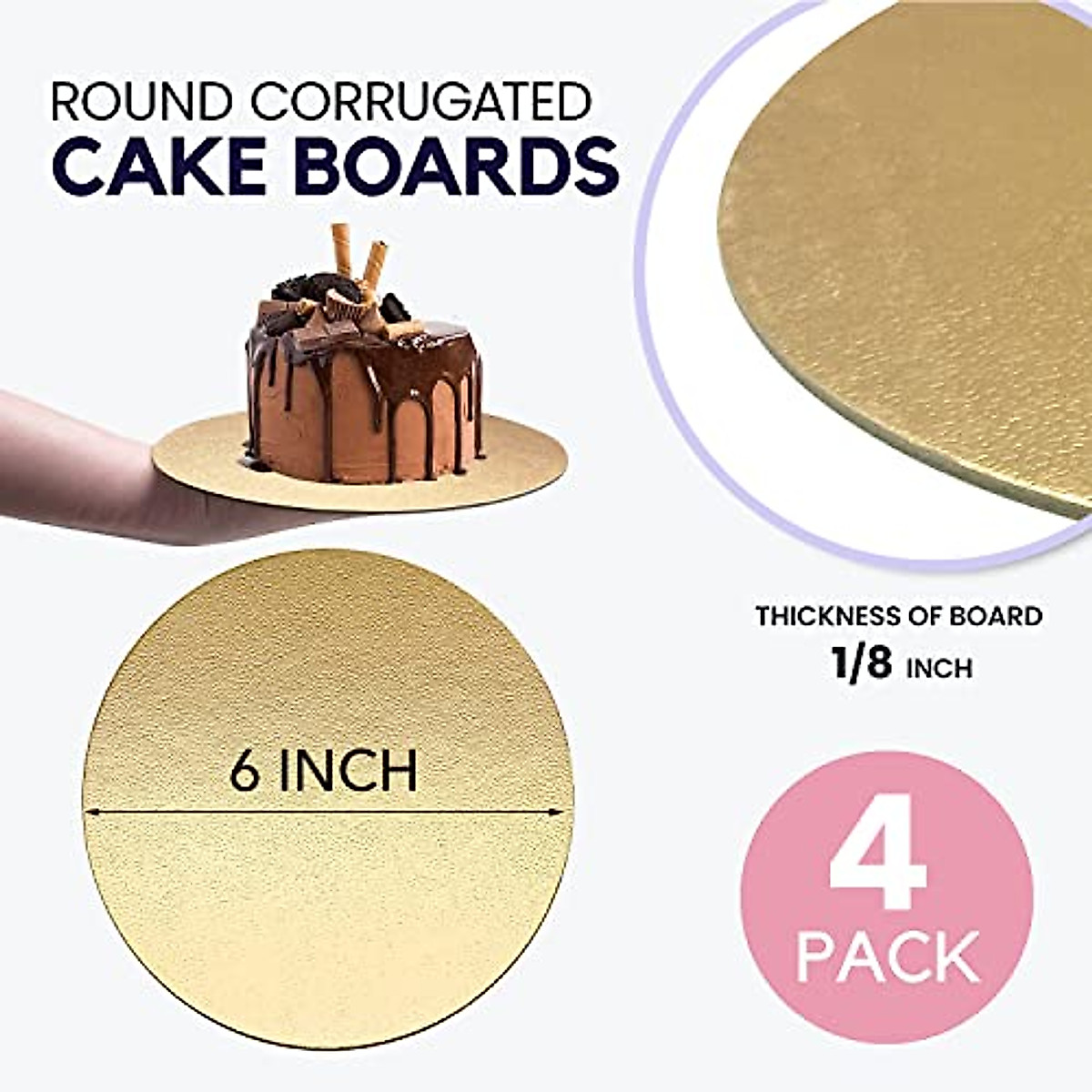 4 Pack Cake Boards Golden Round Cake Circles 6, 8, 10, 12 Inch Cake Base Cardboard, 1 of Each Size Set for Baking Cake, Gold