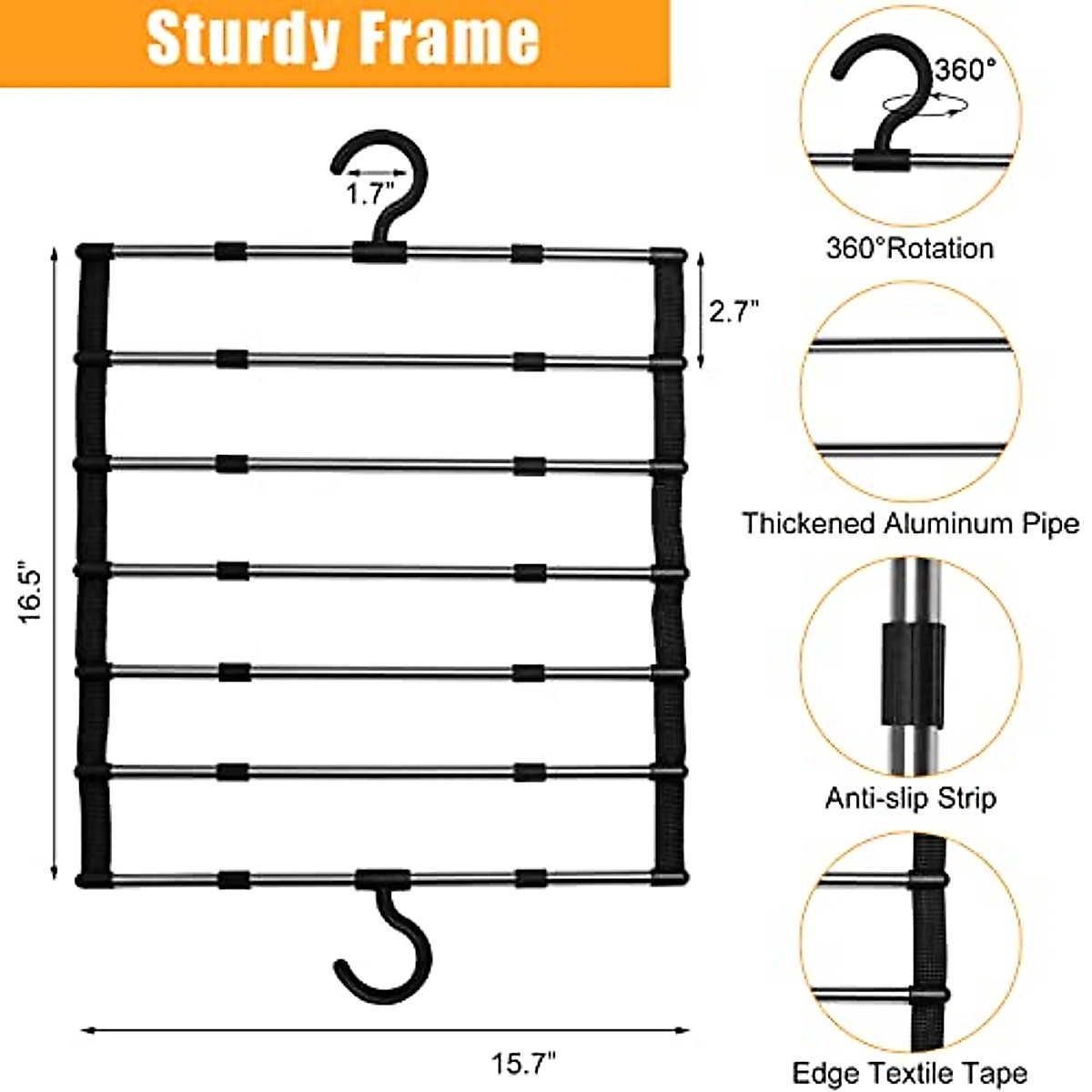 Frqianly Pants Hangers Space Saving, 2 Pack Multiple Pants Hangers for Closet, Jean Hangers Scarf Holder Closet Space Saving Hangers, Pants Rack Leggings Hanger Space Saver Closet Organization（Black）