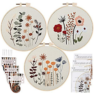 Uphome 3 Pack Embroidery Starter Kit for Beginners Stamped Cross Stitch Kits with Cute Flowers and Plants Patterns with 1 Embroidery Hoop and Color Threads for Adults Kids