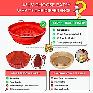 Foldable Silicone Air Fryer Liners - EATSY Air Fryer Silicone Liners Pot, Replacement of Parchment Paper Sheets, 2 Set of 7.5 Inch Air Fryer Liners Reusable For 3QT - 5QT