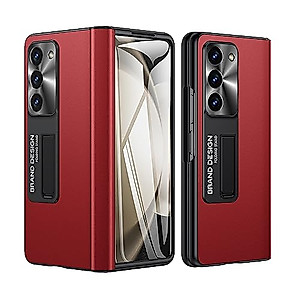 for Samsung Z-Fold-5 Cover: Genuine Leather Galaxy Fold 5 Kickstand Case[Hinge Protection][Screen Protector] Skin Felling - Durable Shockproof Protective Phone Case for Galaxy Fold 5 2023 - Red