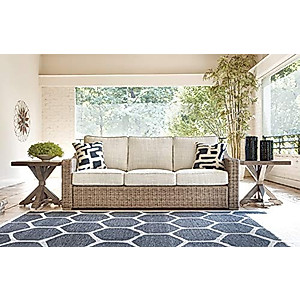 Signature Design by Ashley Beachcroft Outdoor Wicker Patio Sofa with Cushion and 2 Pillows, Beige, Light Gray