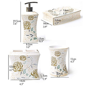 JHGCCL Countertop Soap Dispensers Golden Rose Flower Bathroom Accessory Set 5/6-piece Bathroom Set Soap Dispenser,Toothbrush Holder,Tumbler,Soap Dish,Bamboo Tray Soap dispensers (5piece Bathroom Set)