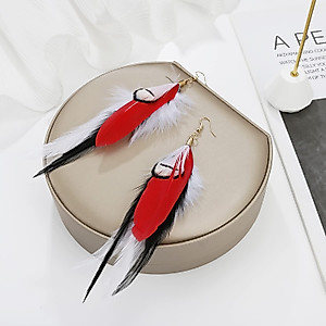 YINRIS Long Bohemian Pheasant Feathers Statement Earrings Handmade Natural Lightweight Feather Dangle Earrings for Women (ea000067) (Red&Black)