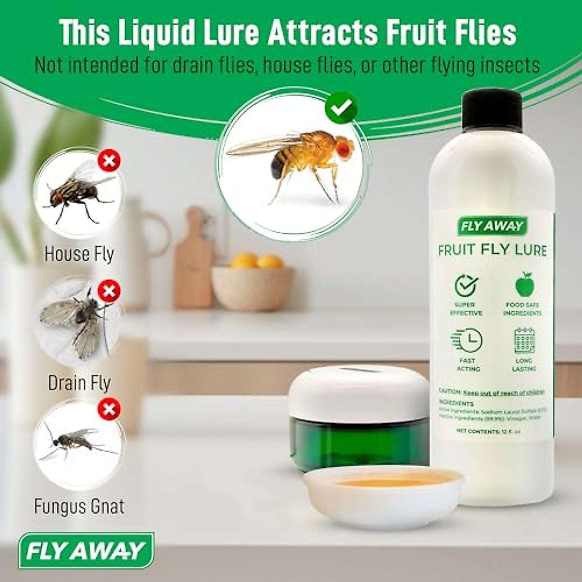 Fly Away - Fruit Fly Trap Kit: 3 Reusable Traps & Liquid Lure. Fast Acting. Stylish Design, Perfect for Kitchens, Bars, Restaurants, Wineries. Catch Fruit Flies for 90+ Days. Indoor Use
