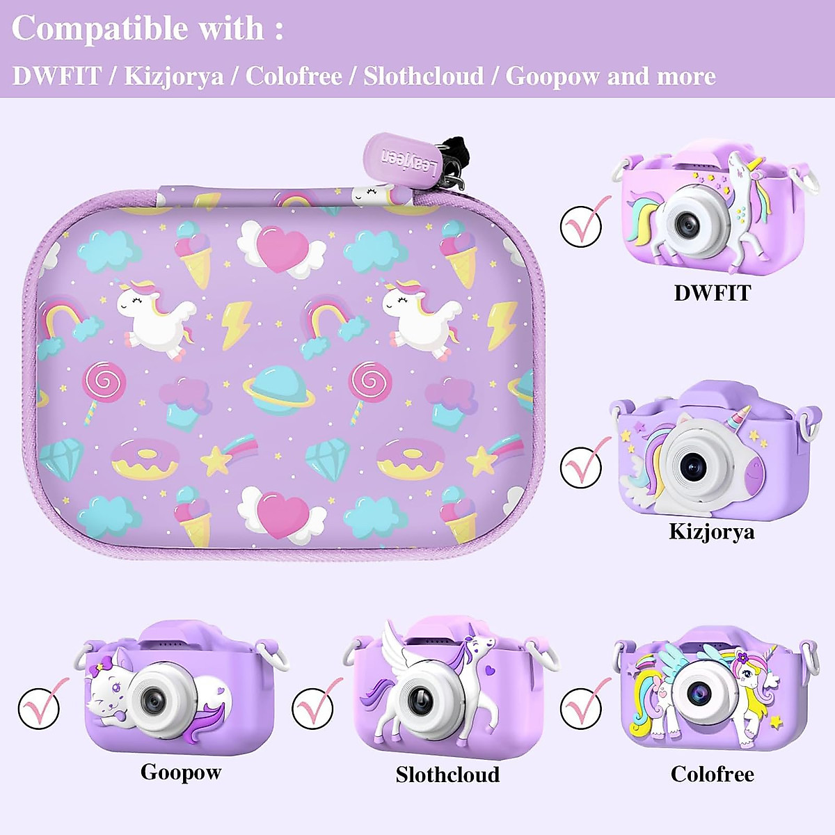 Leayjeen Kids Camera Case Compatible with Goopow/Dwfit/Slothcloud/Colofree/KIZJORYA Kids Camera Toys and Children Digital Video Camera,Best Easter Birthday Festival Gift-Purple Unicorn(Case Only)