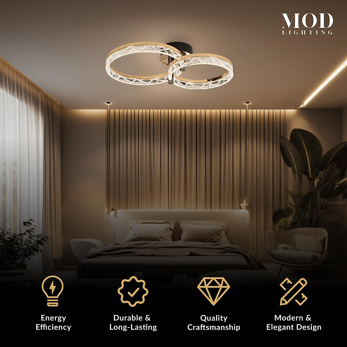 𝗠𝗢𝗗 𝗟𝗜𝗚𝗛𝗧𝗜𝗡𝗚 Clara | Modern Flush Mount Ceiling Light Fixture, 2 Rings LED Ceiling Light for Kitchen, Bedroom & Hallway, Close to Ceiling Lights (Gold & Pearl Black | 14"x22" | Warm White)