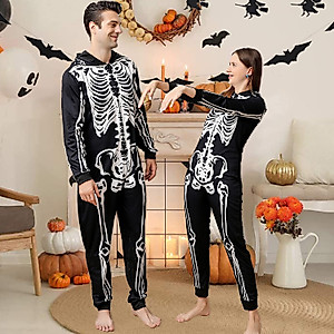 ANGELGGH Family Matching Halloween Onesie Pajamas, Funny Skeleton Printed Hooded Zippered PJs Holiday Loungewear for Men/Women (Youth, 6-8T, Skull)