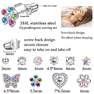 SAILIMUE 10 Pairs Hypoallergenic Screwback Earrings for Women 316L Stainless Steel Heart CZ Screw Back Earring Studs Multicolored Butterfly Flower Stud Earrings Set