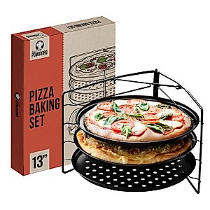 Chef Pomodoro Pizza Baking Set with 3 Pizza Pans & Pizza Rack, 13-Inch, Non-stick Pizza Stand & Pizza Tray for Oven, Grill, Pizza Pan with Holes, Perforated Pizza Pan for Oven, Barbeque
