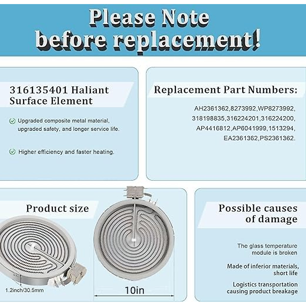UPGRADE 316135401 WP8273992 ap6041999 W10823696 9in Radiant Surface Element for Frigidaire GE Kenmore Replaces 316224200 316224201 318198835 AP4416812 PS2361362 Radiant Surface Element