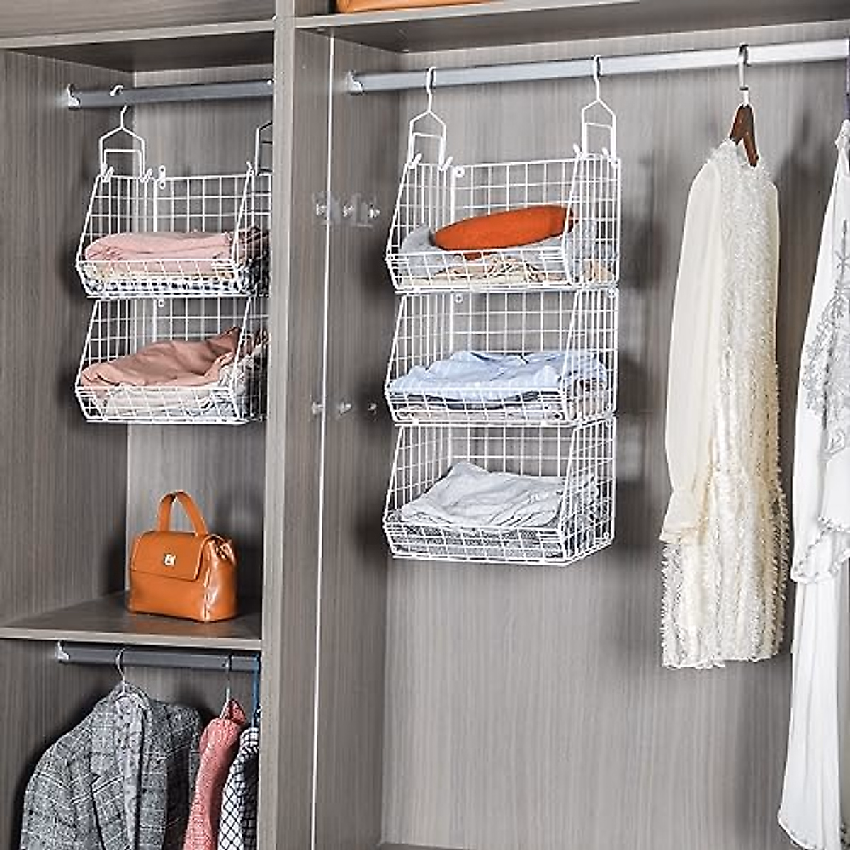 5 Tier Closet Hanging Organizer, Clothes Hanging Shelves with 4 Hanging Hooks 5 S Hooks, Wire Storage Basket Bins, for Clothing Sweaters Shoes Handbags Clutches Accessories Patent Design-White