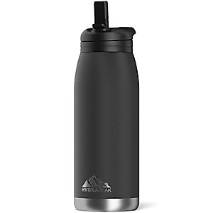 Hydrapeak Flow 32oz Insulated Water Bottle with Straw Lid | Double Wall Vacuum Insulated Stainless Steel Water Bottles, BPA-Free and Leak-Proof, Wide Mouth Flask with Bite Straw and Handle (Black)