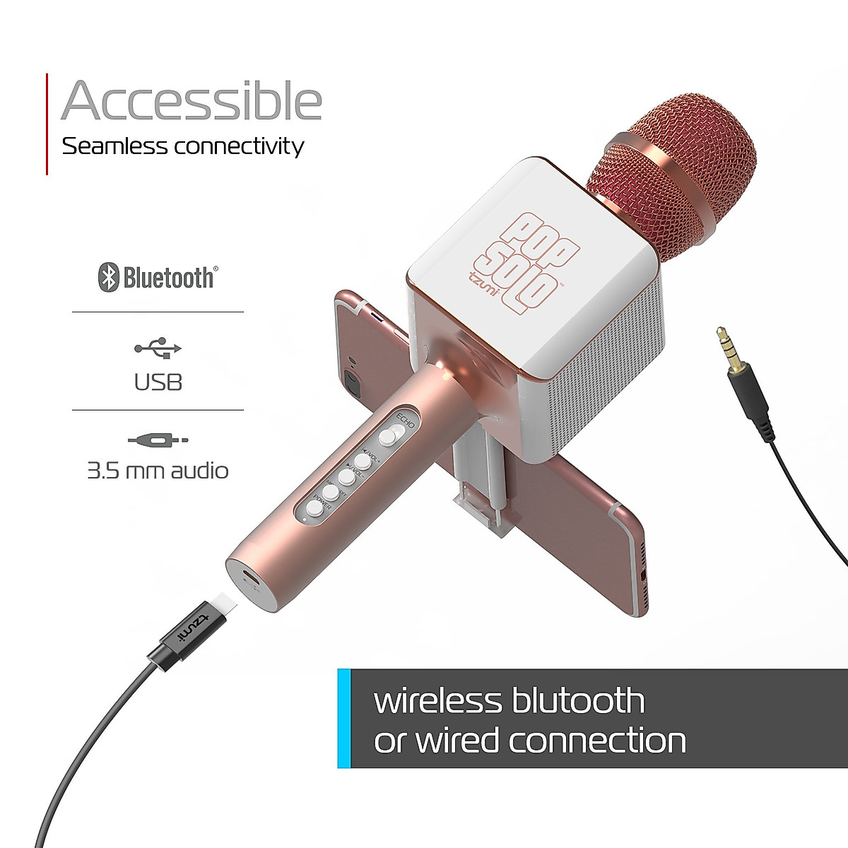 Tzumi PopSolo Professional Bluetooth Karaoke Microphone and Voice Mixer with Smartphone Holder – Great for Kids and Parties – Rose Gold