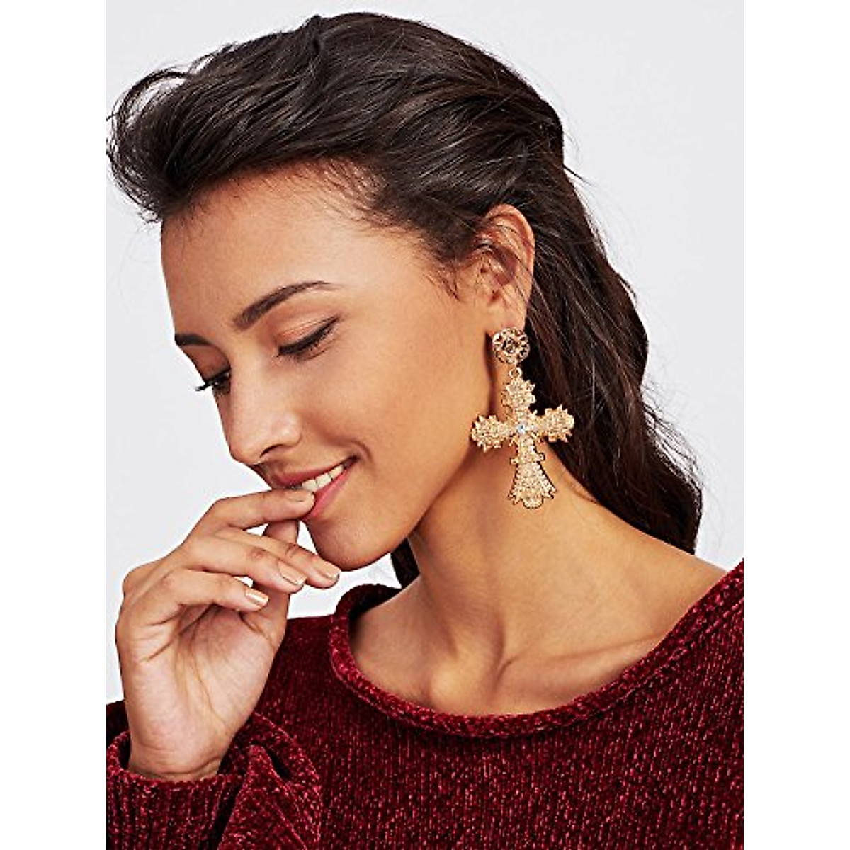 Cross Earrings,Gold Big Baroque Drop Earrings,Rhinestone Large Cross Earrings,Retro Court Earrings for Women Halloween Boho Gifts