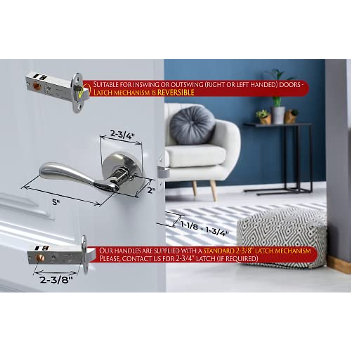 Avalon C-Series Maya - Modern Door Handle Door Lever Set in Satin Nickel - Nickel Polished Finish with Privacy Pin Function
