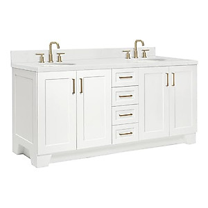 ARIEL Taylor 72" White Double Bathroom Vanity, 1.5" Edge Carrara Quartz Countertop & Splash, Oval Sinks, 4 Soft Closing Doors, 6 Full Extension Dovetail Drawers, Toe Kick, Satin Brass