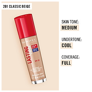 Rimmel London Lasting Finish 25HR - 201 Classic Beige - Foundation, 25-Hour Wear, Full Coverage, Waterproof, 1oz
