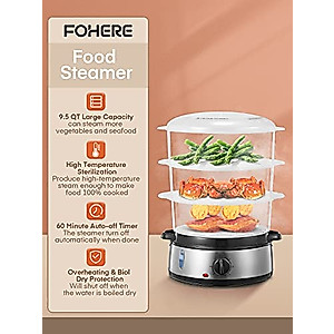 FOHERE Electric Food Steamer for Cooking, Vegetable Steamer 800W Fast Heating with 3 Tiers BPA-Free Nested Basket Trays and Auto Shut-off 60-min Timer, Rice Bowl Included, 9.5QT