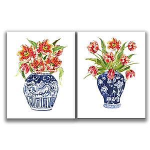 Red Florals in Blue&White Chinoiserie Porcelain Vase Wall Art Prints - Set of 2 11x14 UNFRAMED Watercolor Tulip Flowers in Antique Chinese Jars. Bright, Colorful Red, Blue & Green Wall Decor.