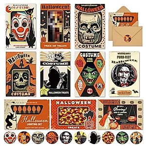 AnyDesign 30 Pack Halloween Cards Horror Character Greeting Cards with Stickers Envelopes Scary Movie Character Blank Note Cards for Halloween Birthday Party Supplies, 4 x 6 Inch