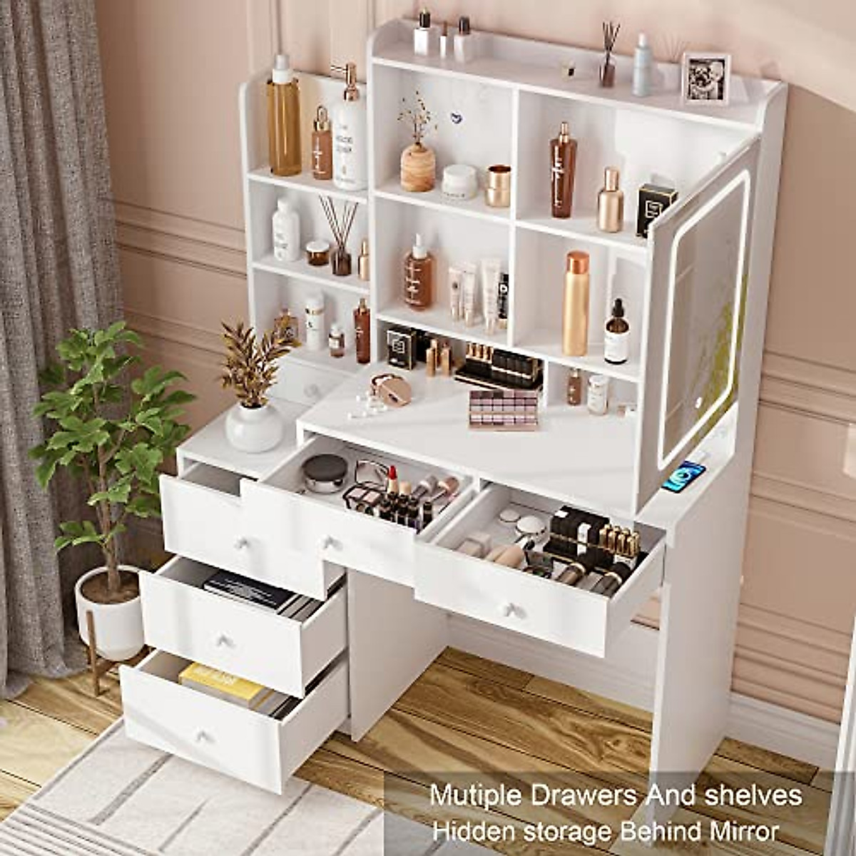 Vabches Vanity Desk with Mirror and Lights,Makeup Vanity with 6 Drawers and Shelves,Vanity Table with Power Outlet,Makeup Desk with Led Lighted Mirror in 3 Colors,for Bedroom,White