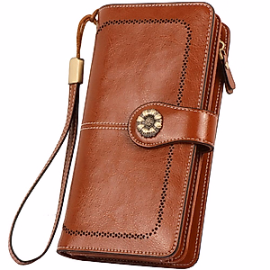 Pearl Angeli Women Wallet Genuine Leather Charming Ladies Wristlet Tri-fold Rfid Blocking Credit Card Holder Organizer Clutch（Brown）