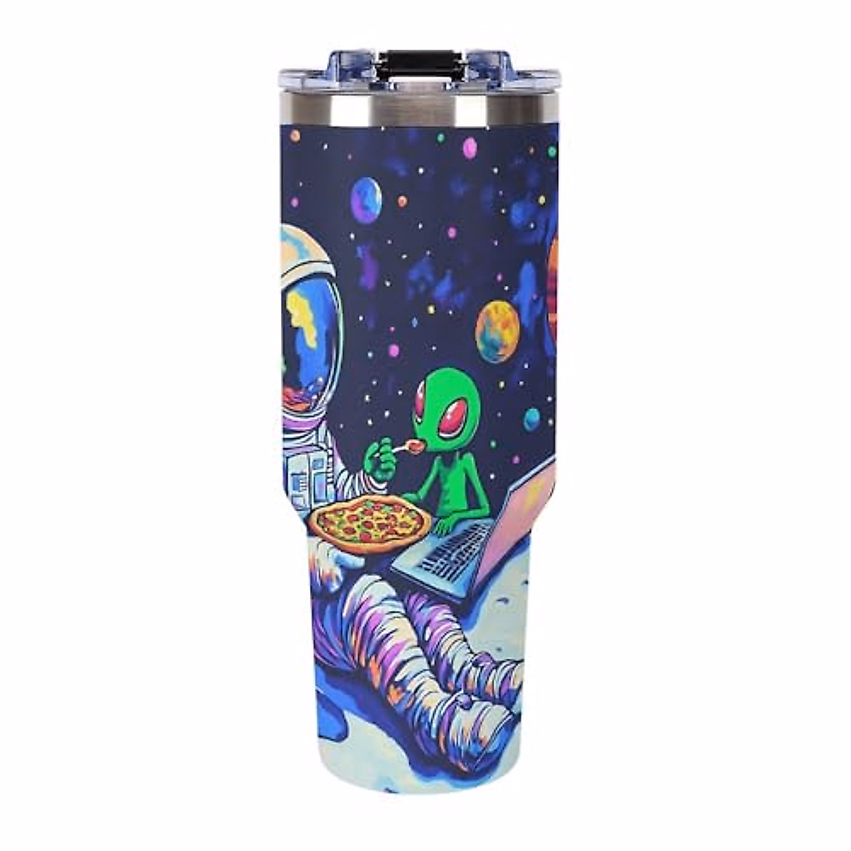 Astronaut Aliens Pizza Insulated Tumblers with Handle Stainless Steel Coffee Mug Funny Travel Cup with Lid Straw 40oz