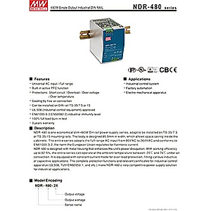 MEAN WELL Industrial DIN Rail Power Supply with PFC, 48 Volt 10 Amp 480 Watt - NDR-480-48