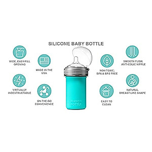 Mason Bottle Silicone Baby Bottle: Includes Silicone Nipple (Medium Flow Nipple for 3+ Months), Plastic Ring + Cap, 8 Ounce Silicone Bottle, BPA Free, Non-Toxic 100% Made in USA (1 Count)