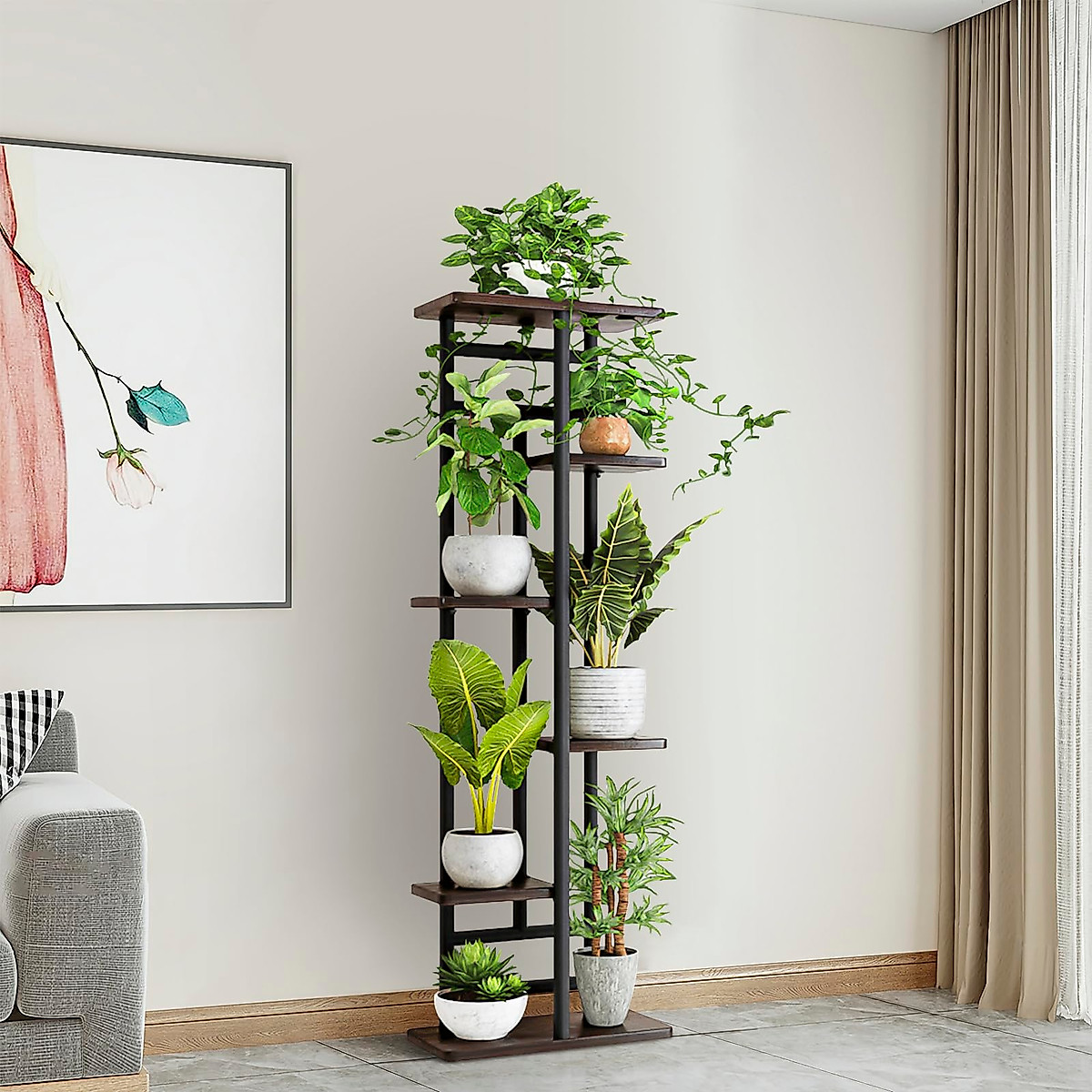 6 Tier 7 Potted Wood Tall Plant Stand Metal Rack Indoor, YOCOMEY Multiple Flower Pot Holder Shelves Corner Rack, Planter Shelf Display Rack Storage Organizer for Patio Living Room Balcony