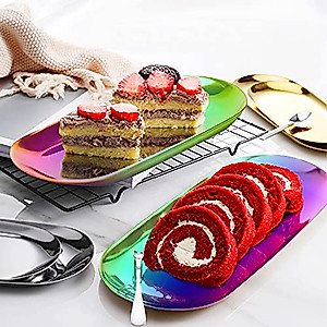 2 Pcs Metal Serving Trays, Rainbow Decorative Tray Jewelry Tray Dish Plate Tea Fruit Trays Cosmetic Organizer Storage Display Tray for Perfume Candle, Kitchen Bathroom Vanity Counter (Mix 3)