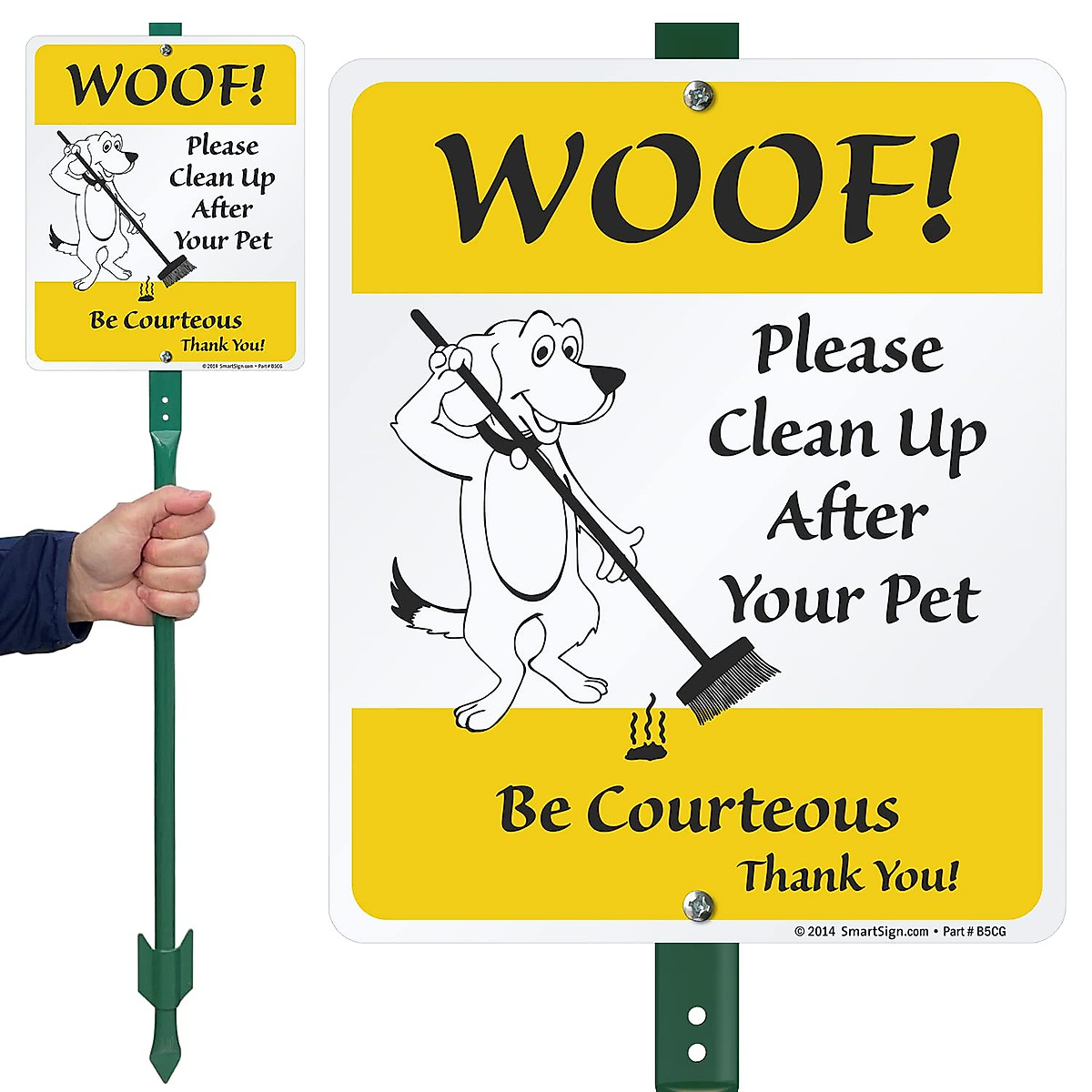 SmartSign 12" x 10" 'Woof Please Clean Up After Your Pet, Be Courteous, Thank You' Lawn Yard Sign with 3 ft Stake, 40 mil Laminated Aluminum, Yellow, Black and White, Set of 1, USA-Made