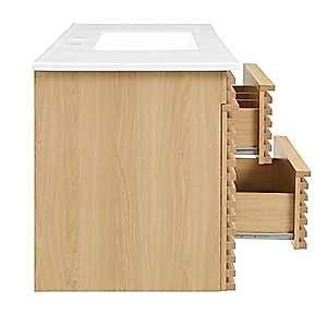 Modway Render 48" Wall-Mount Bathroom Vanity Cabinet with Ceramic Sink Basin in Oak White