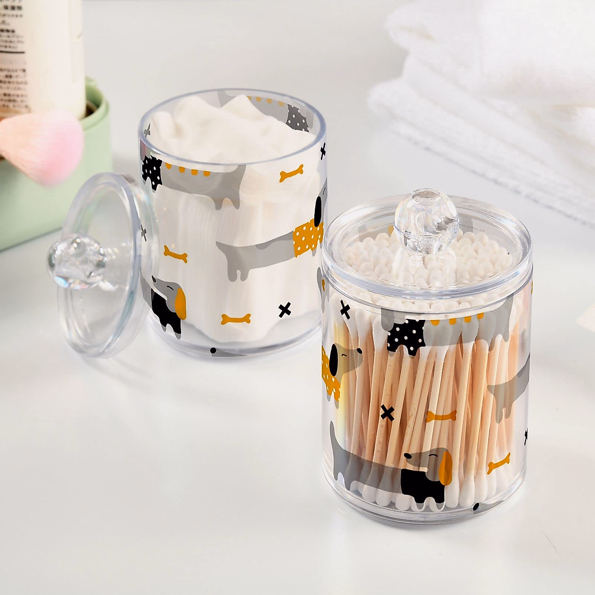 WELLDAY Apothecary Jars Bathroom Storage Organizer with Lid - 14 oz Qtip Holder Storage Canister, Cute Dogs Dachshunds Clear Plastic Jar for Cotton Swab, Cotton Ball, Floss Picks, Makeup Sponges,Hair