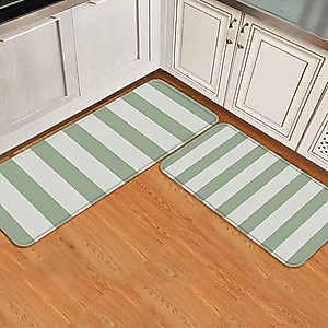 Sage Green Striped Kitchen Rug Set 2 Pieces Modern Comfort Standing Floor Mats Absorbent Washable Doormat Anti Fatigue Non-Slip Chef Sink Runner Rugs Soft Area Carpet For Bedroom Living Room